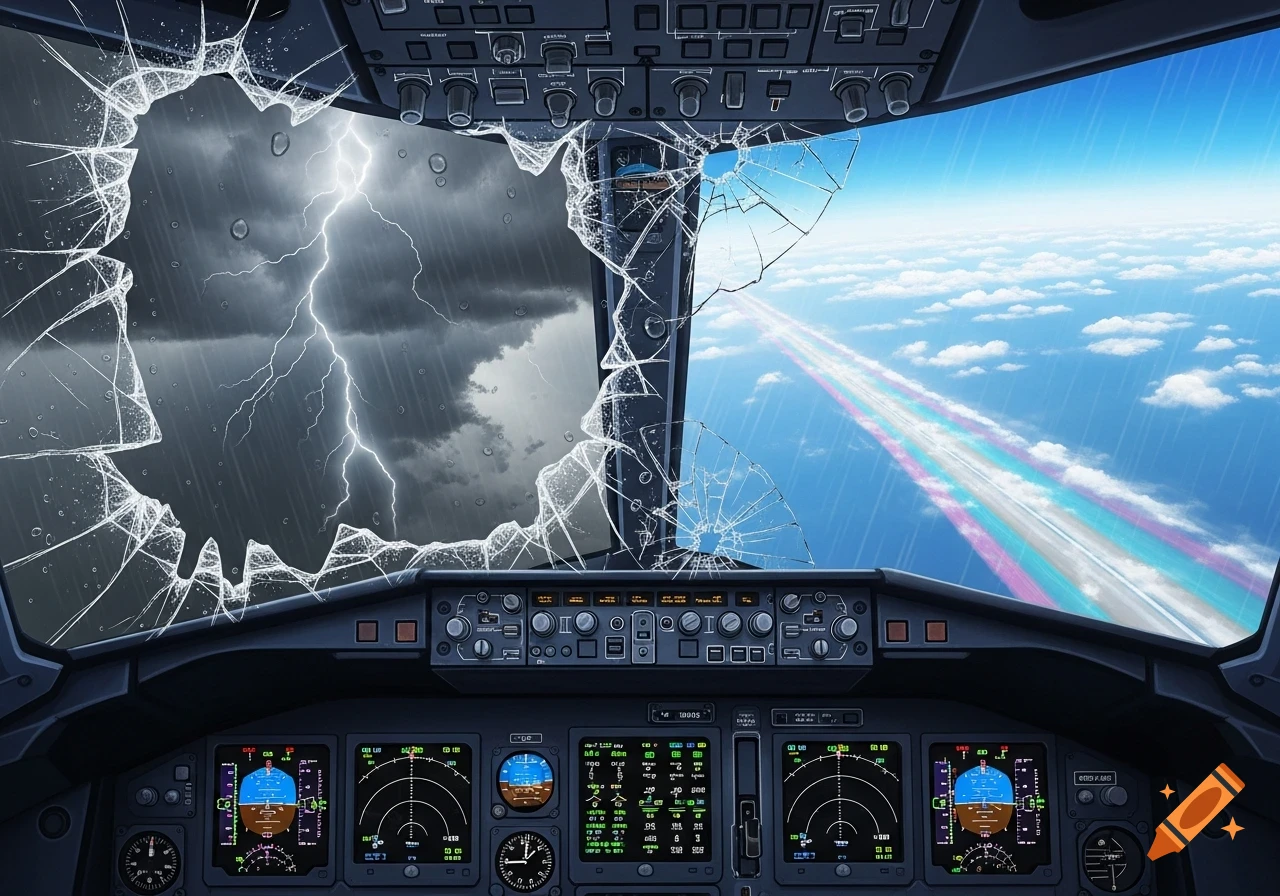 View from an airplane cockpit with a broken windshield, showing a ...