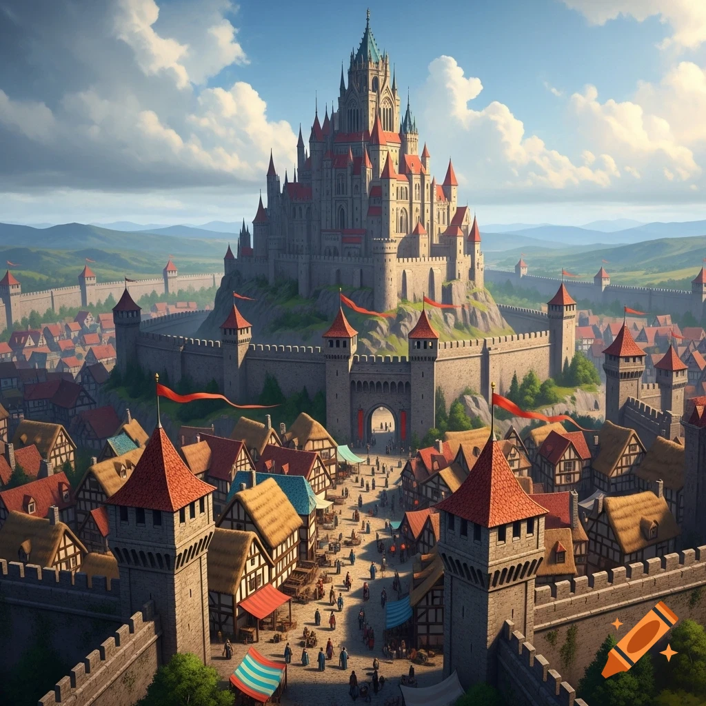 A grand medieval castle city illustration with a large fortress on a ...