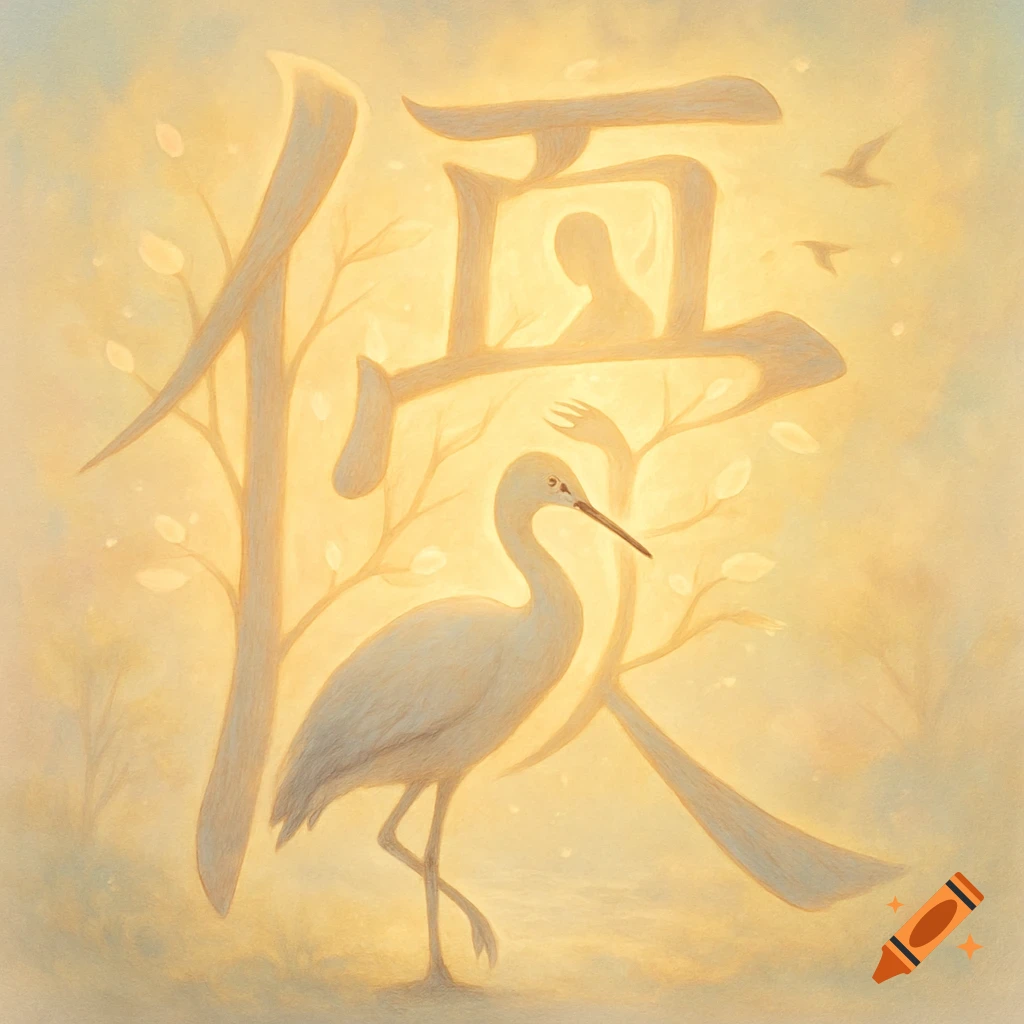 A stylized white stork walks before a glowing Japanese Kanji character ...