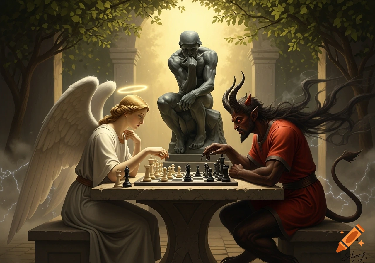 An angel and a demon play chess under a tree in a garden, with Rodin's ...