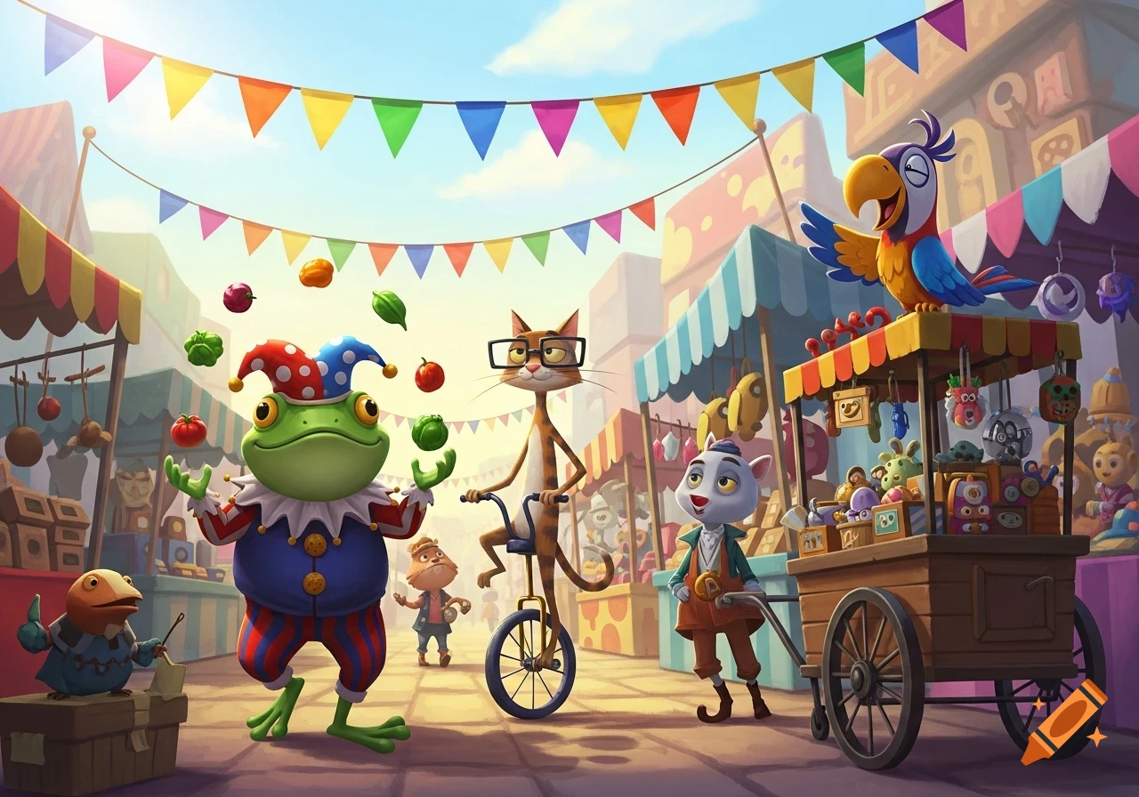 A cartoon frog jester juggles fruit at a colorful street fair with ...