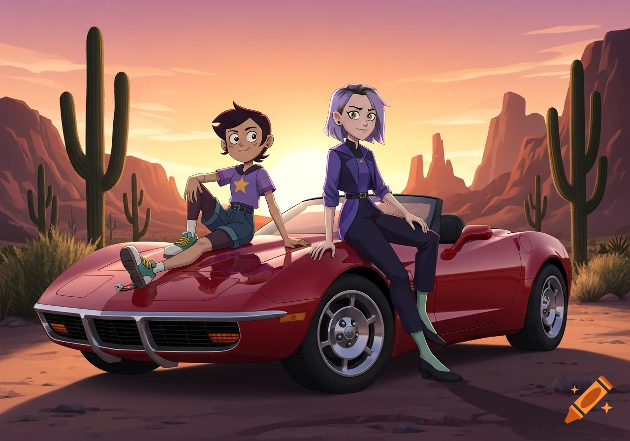 Luz Noceda and Amity Blight, in cartoon style, sit on a red convertible ...