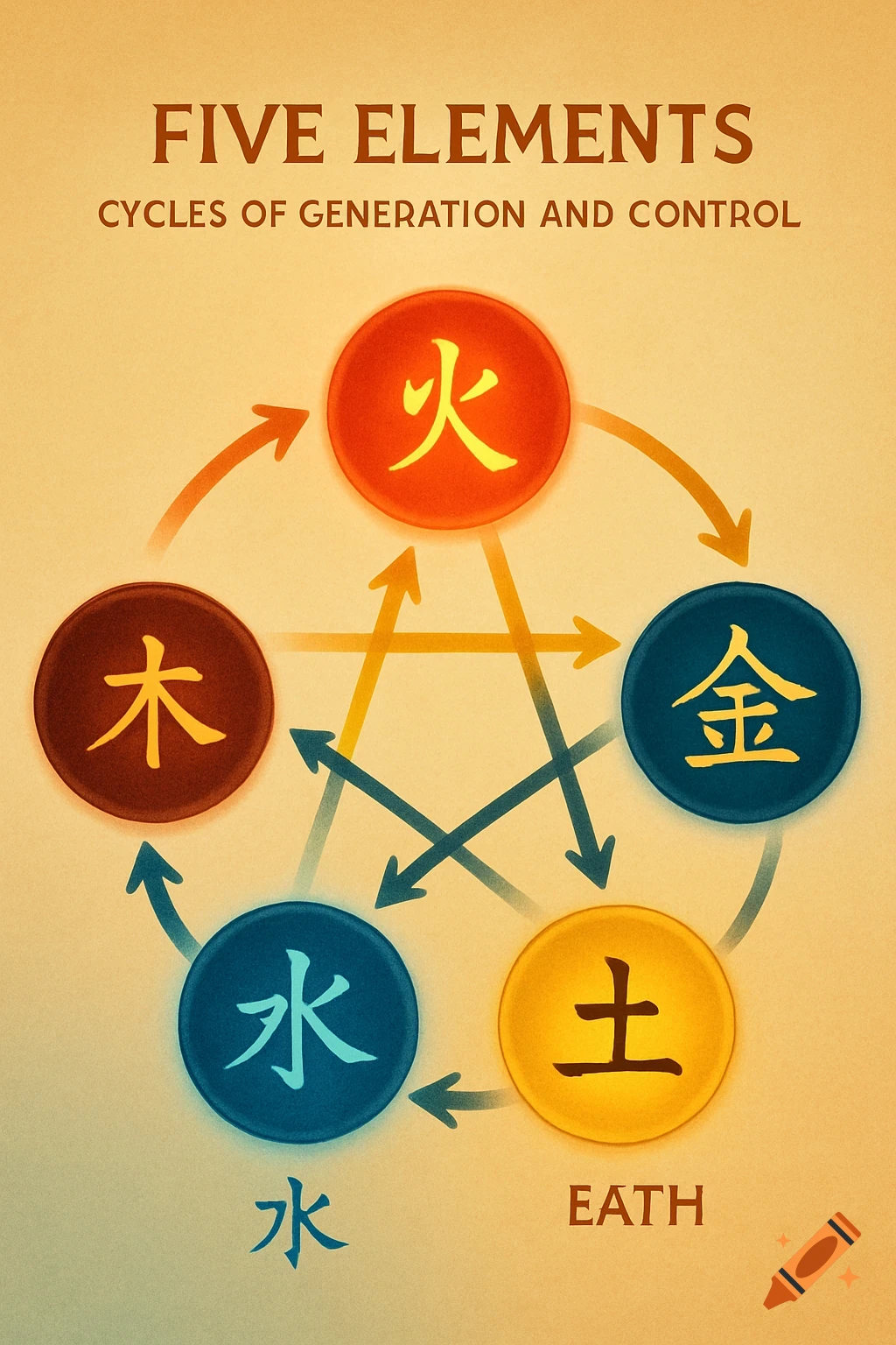 A diagram of the Five Elements (Fire, Wood, Metal, Water, Earth) showing their cycles of ...
