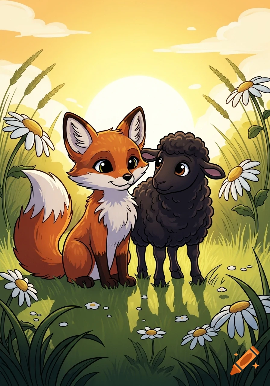 A cute cartoon fox and a black sheep stand together in a sunny field ...