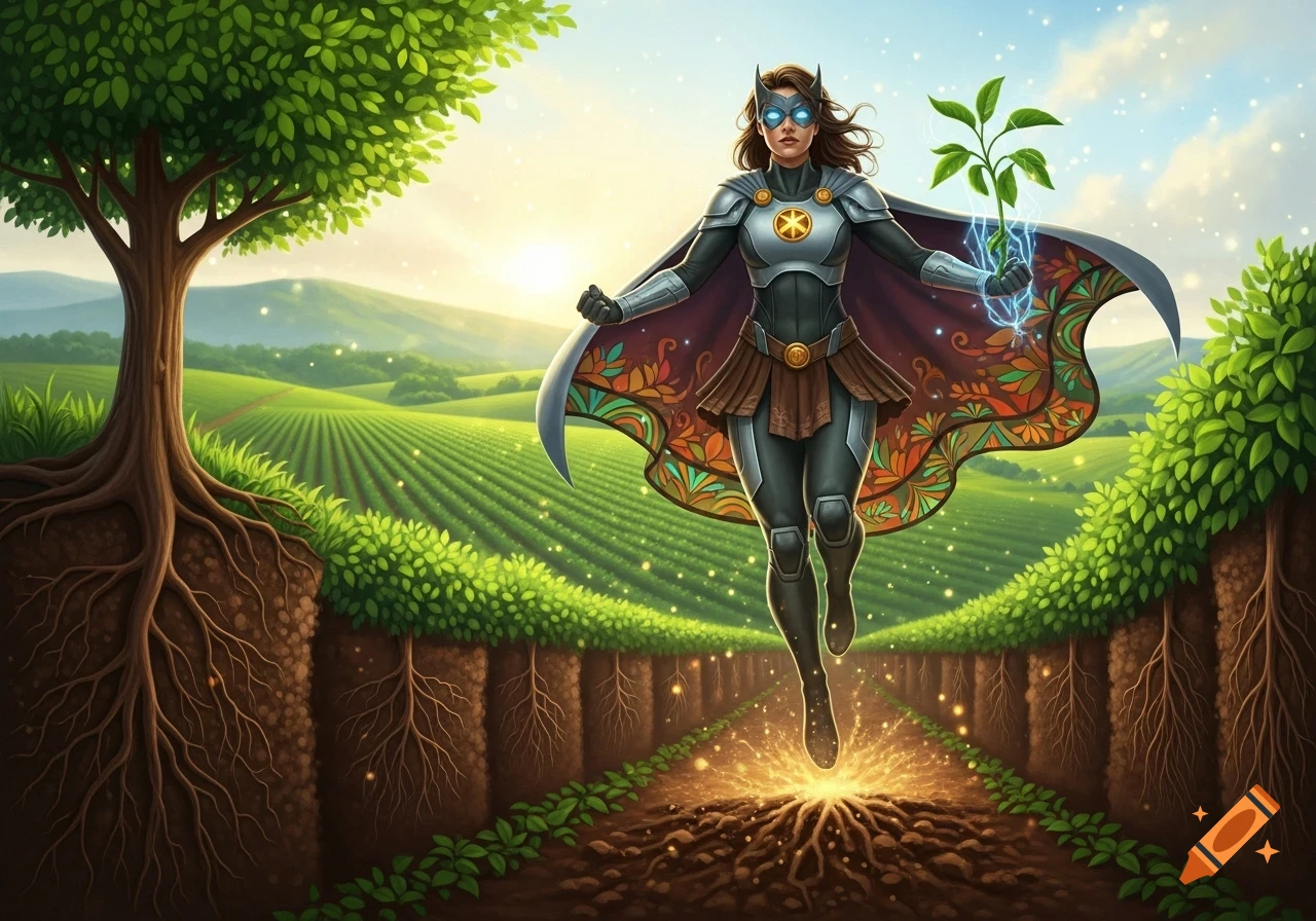 A female superhero in armor and a patterned cape floats, holding a ...