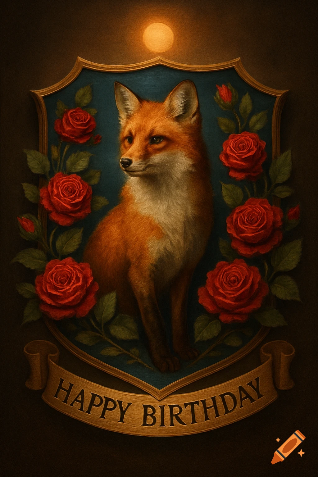 An elegant, regal emblem style image featuring a fox within a blue ...