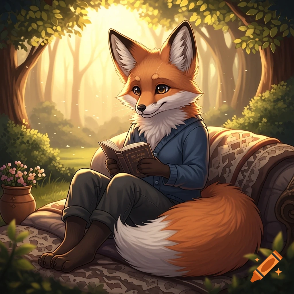 An anthropomorphic furry fox in anime style sits on a couch in a sunlit ...