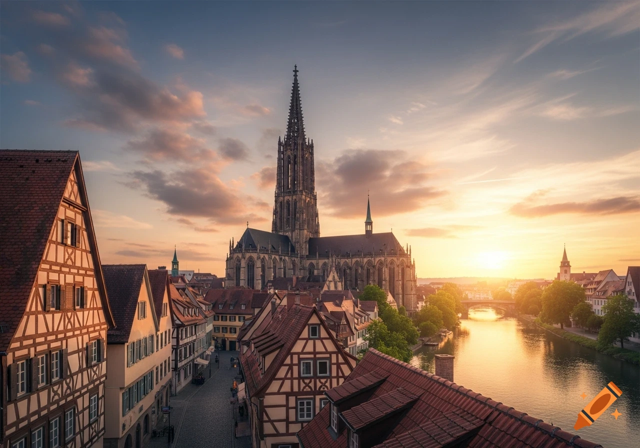Panoramic view of a German city with a tall Gothic church spire ...