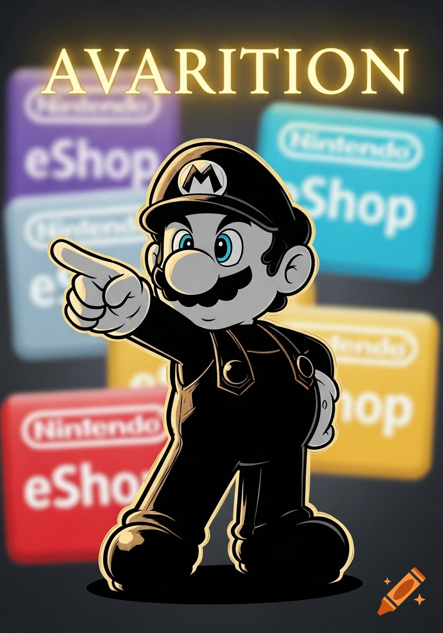 A stylized, cell-shaded image of a greyscale Mario in a black outfit ...