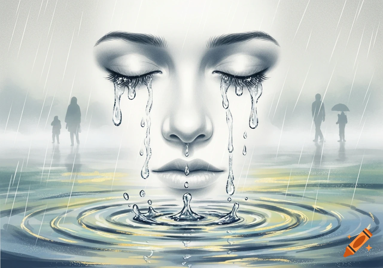 A stylized illustration of a crying face with large tears falling into ...