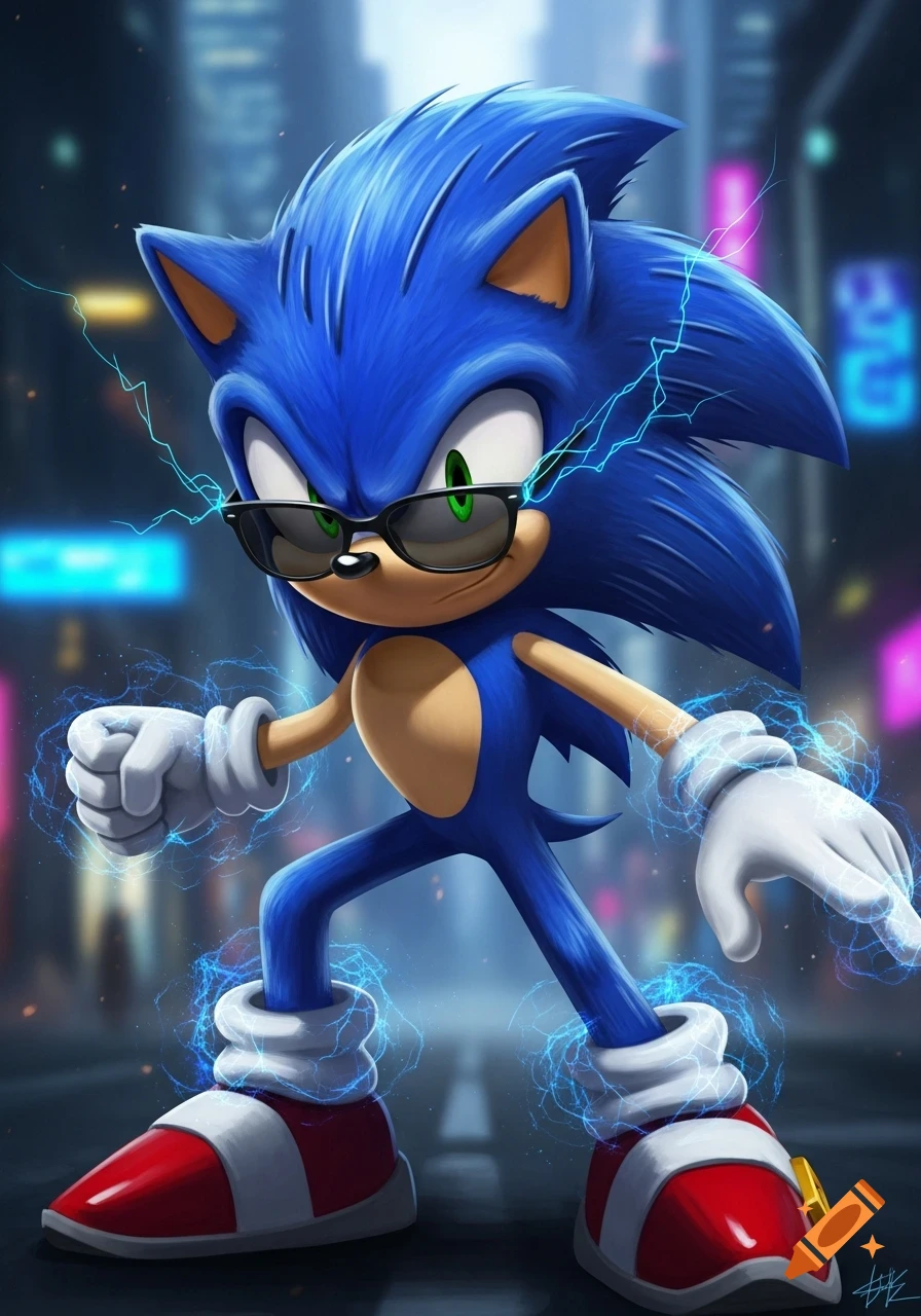 Sonic the Hedgehog, wearing cool sunglasses, stands with electricity ...