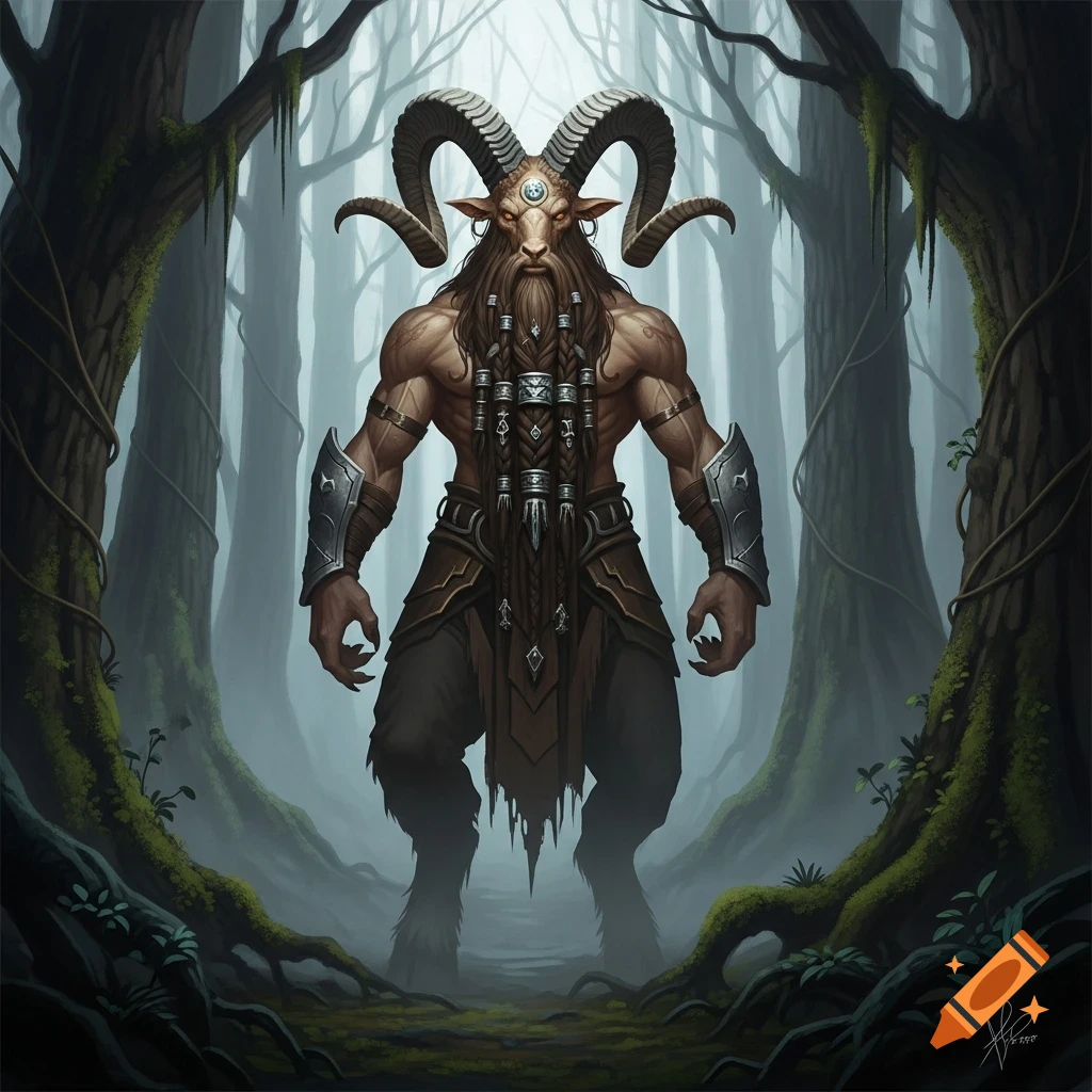 A powerful goat-headed humanoid with large horns, a braided beard with ...