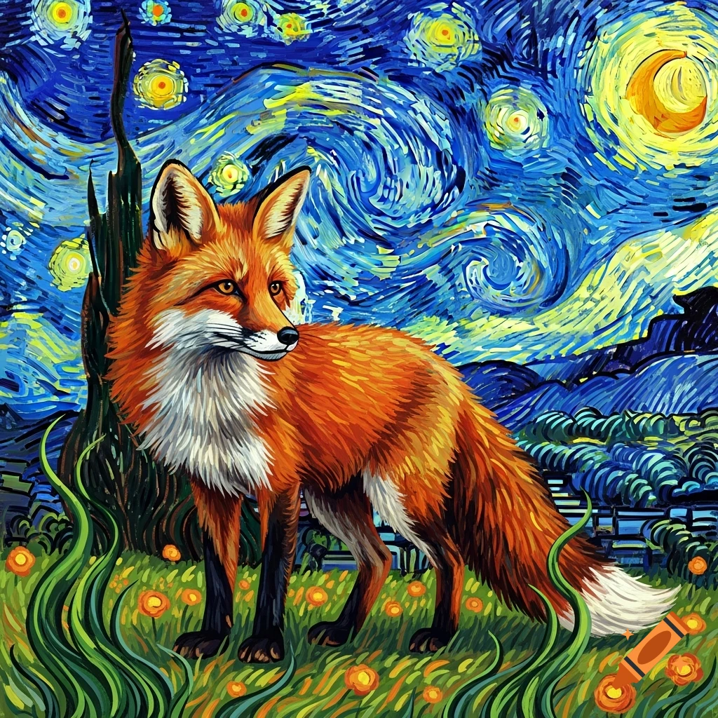 A vibrant, impressionistic painting of an orange fox standing in a ...
