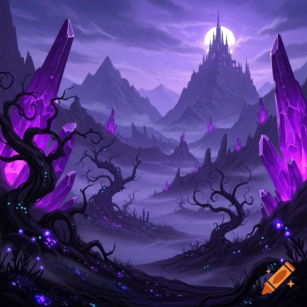 Dark purple fantasy landscape with a mountain castle, large glowing ...