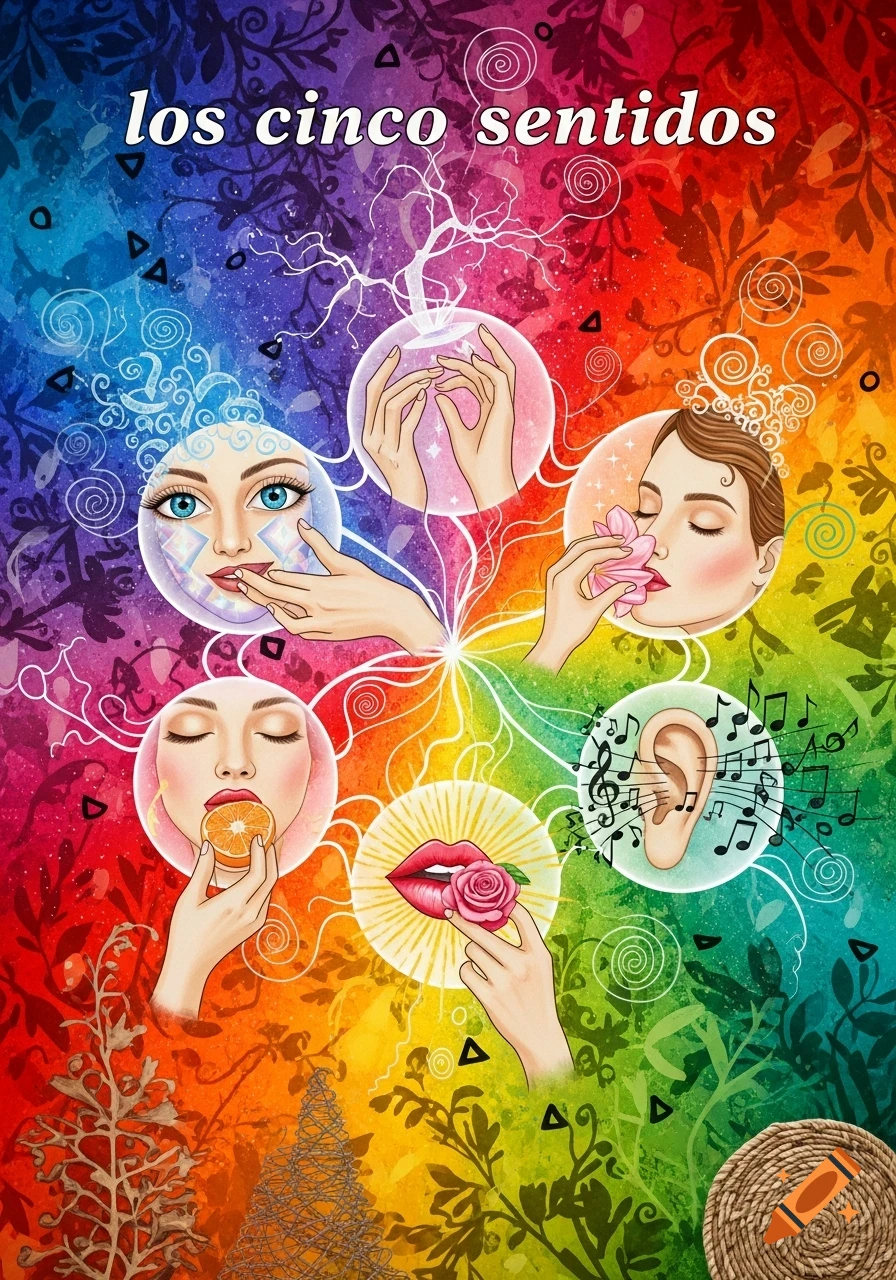 Vibrant illustration depicting the five human senses with symbolic ...