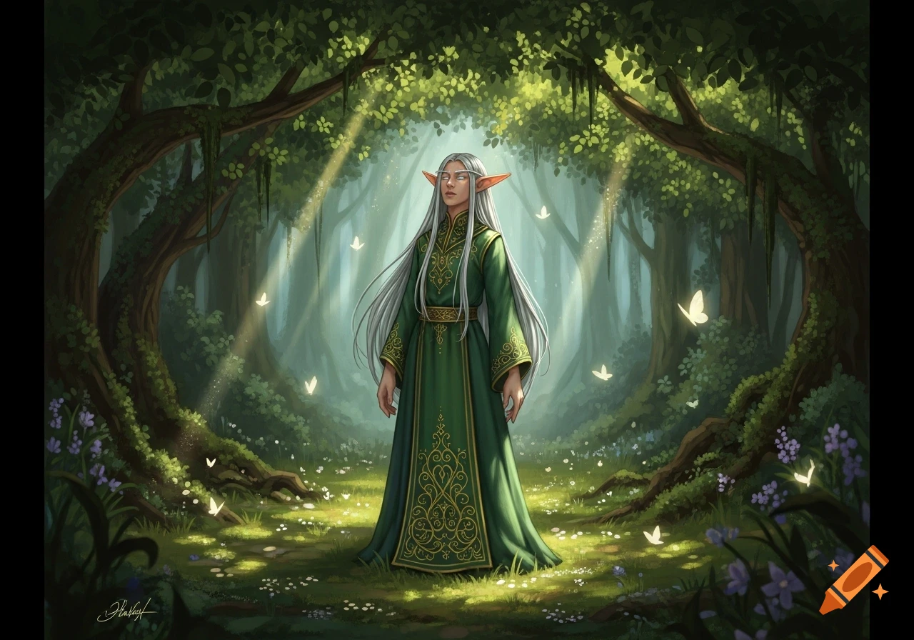 Digital painting of a graceful elf with long white hair in a green ...