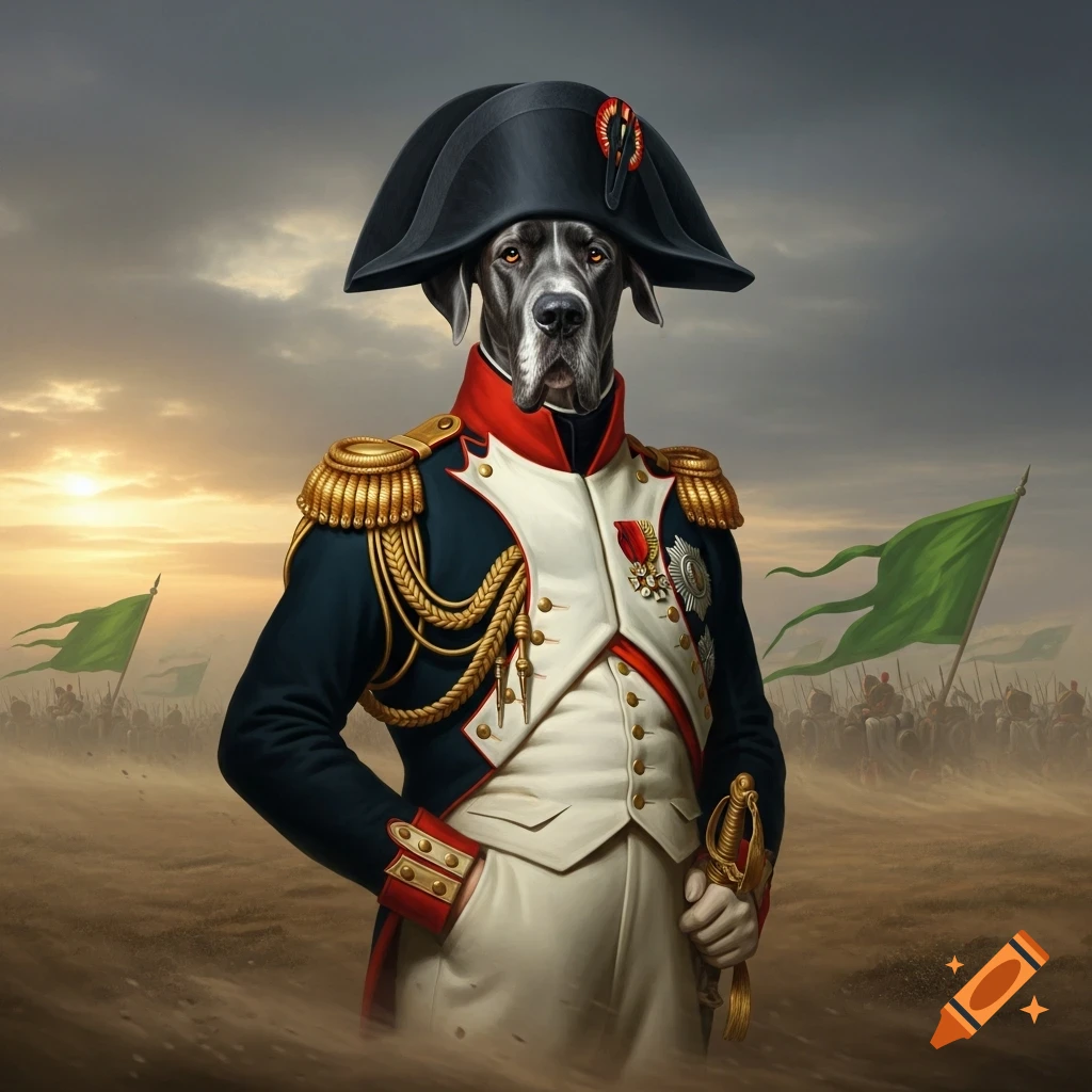 A Great Dane dog in a detailed Napoleonic general's uniform stands on a ...
