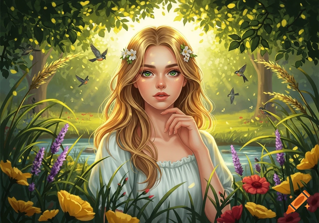 Illustrated portrait of a blonde, green-eyed woman in a sunlit fantasy forest surrounded by ...