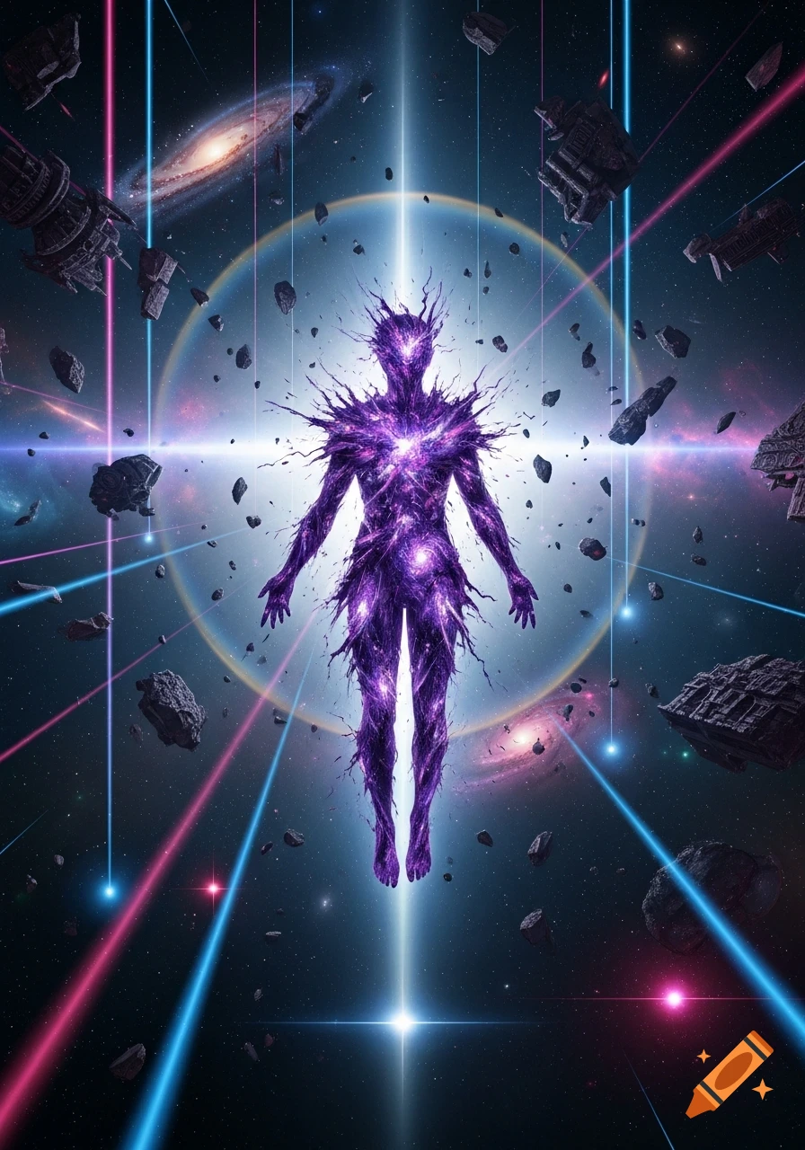 A cosmic purple human-like figure, glowing and spiky, floats in deep space surrounded by ...