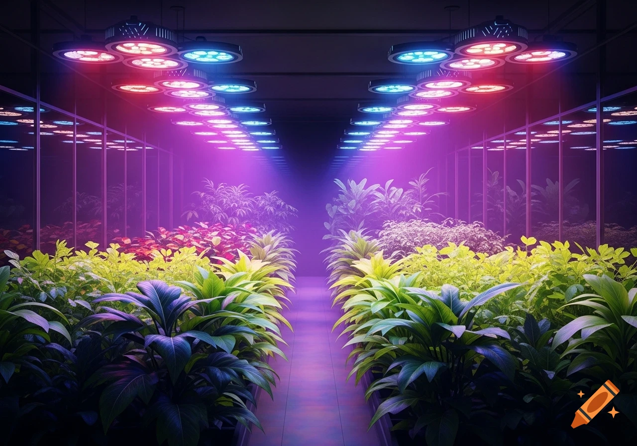 Rows of vibrant green and reddish plants illuminated by red and blue ...