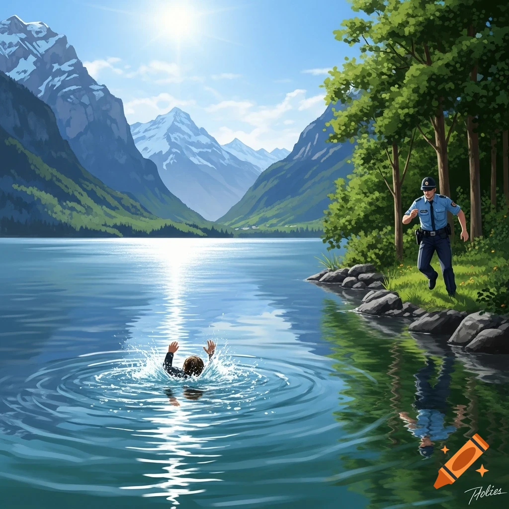 A police officer rushes to save a person struggling in a sunny mountain ...