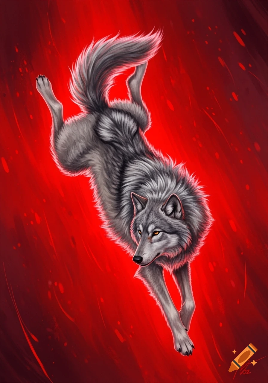 A stylized grey wolf with yellow eyes falls against a vibrant red ...