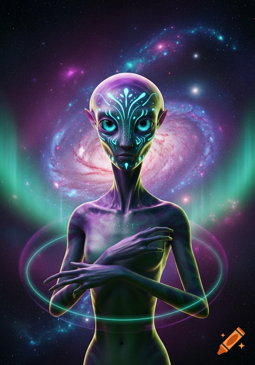 A purple alien with glowing blue eyes and light blue tribal patterns on ...