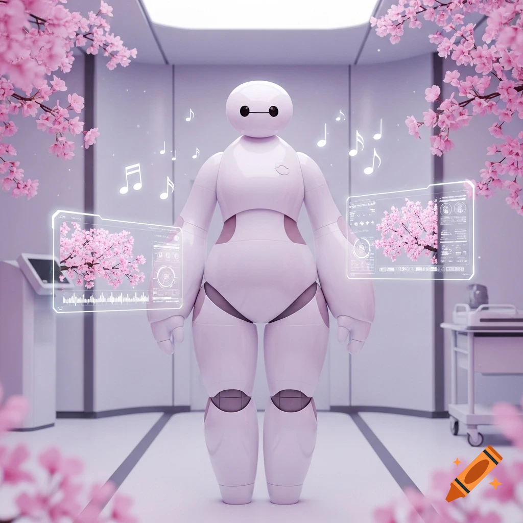 A feminine Baymax robot stands in a white, futuristic room adorned with ...