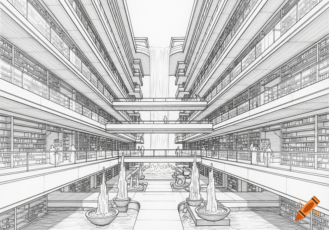 Pencil sketch of a futuristic multi-story library atrium with a central ...