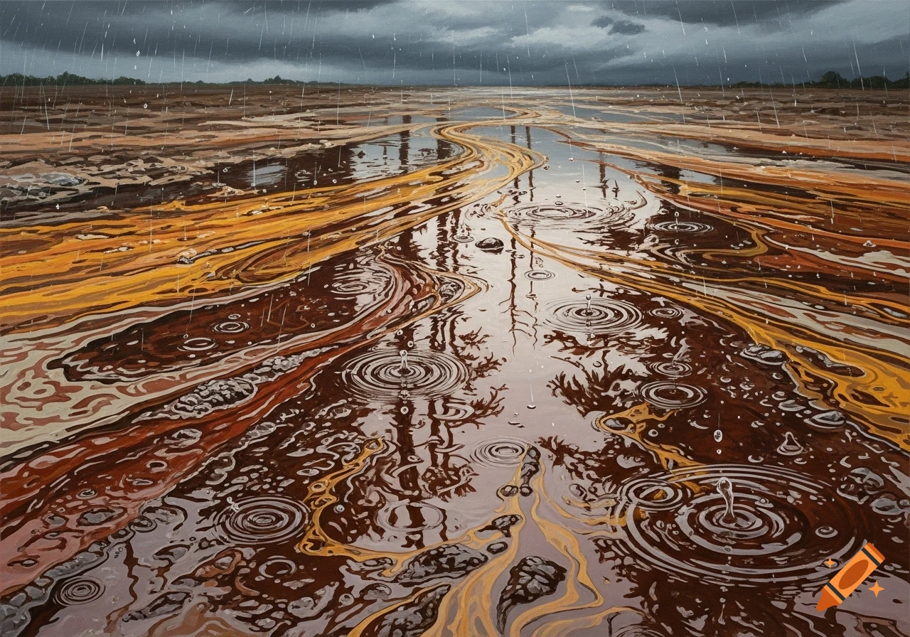 A painterly depiction of a muddy field with water pooling and ...