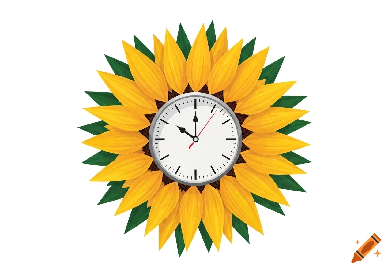 A stylized illustration of a sunflower with a clock face at its center ...