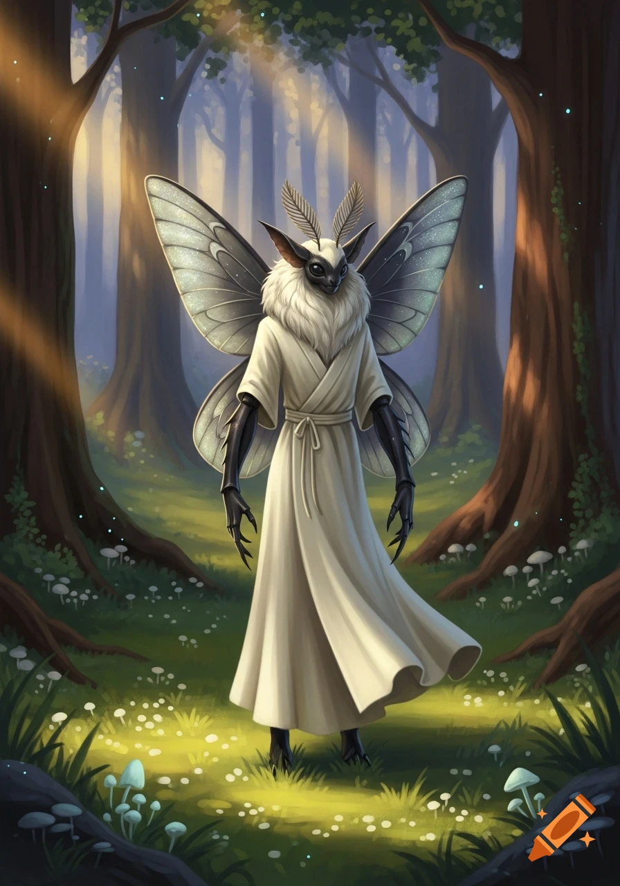 A humanoid moth-like creature with white fur, dark chitin arms, and ...