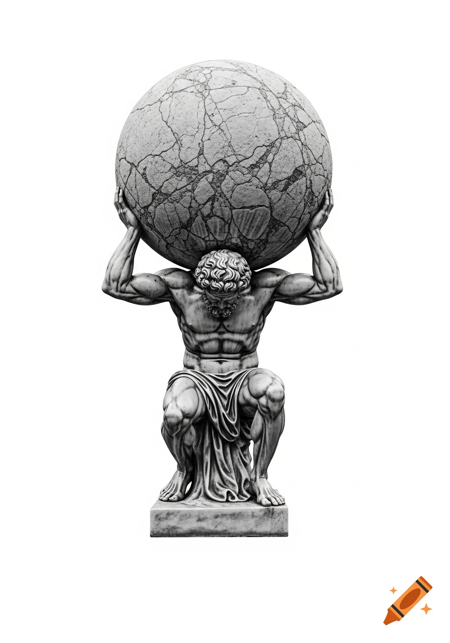 Monochrome marble statue of Atlas, a muscular man in a classical Greek ...