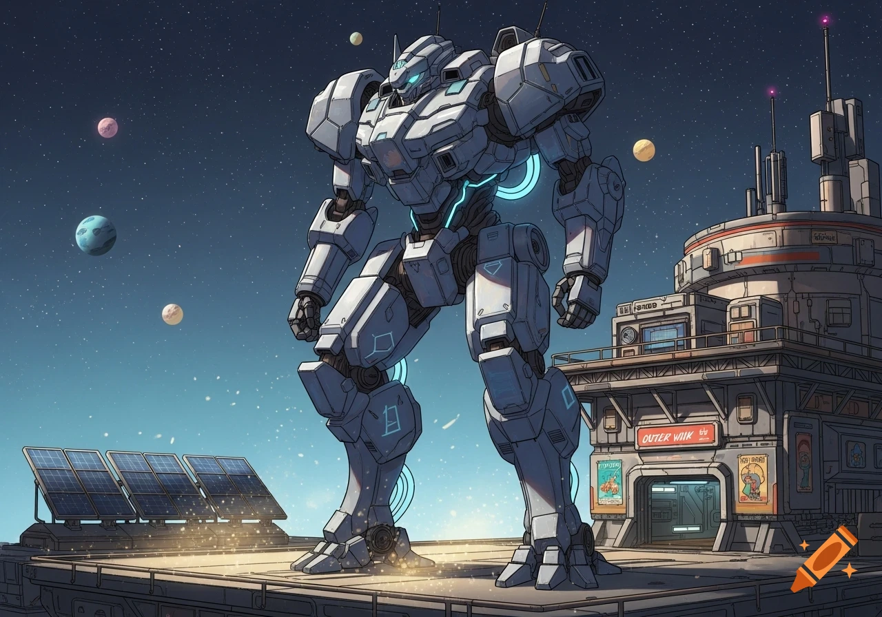 A large white mech stands on a futuristic space station rooftop with ...