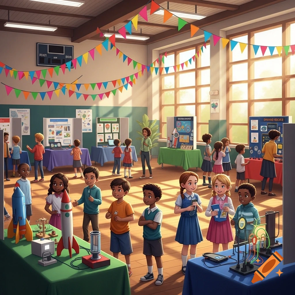 A vibrant elementary STEM fair with diverse children showcasing ...