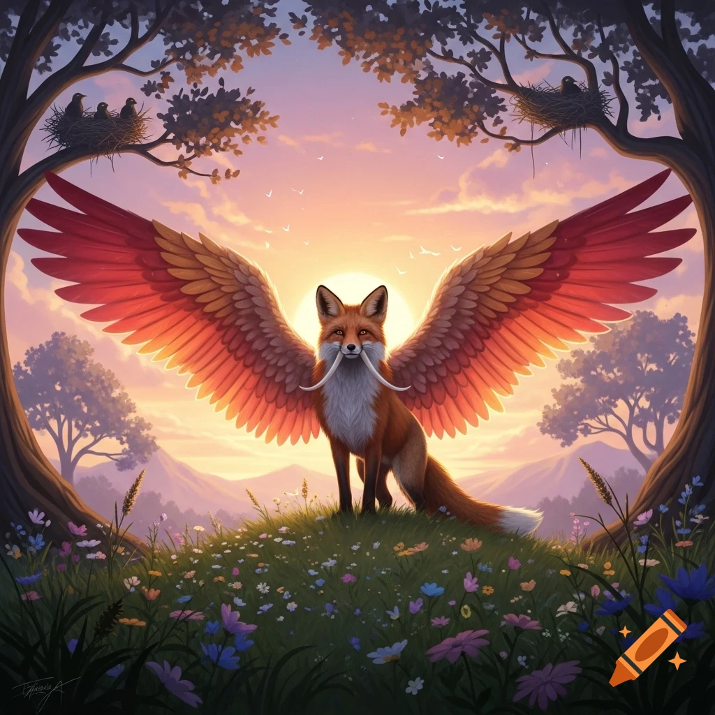 A majestic winged fox with tusks stands on a flower-covered hill at ...