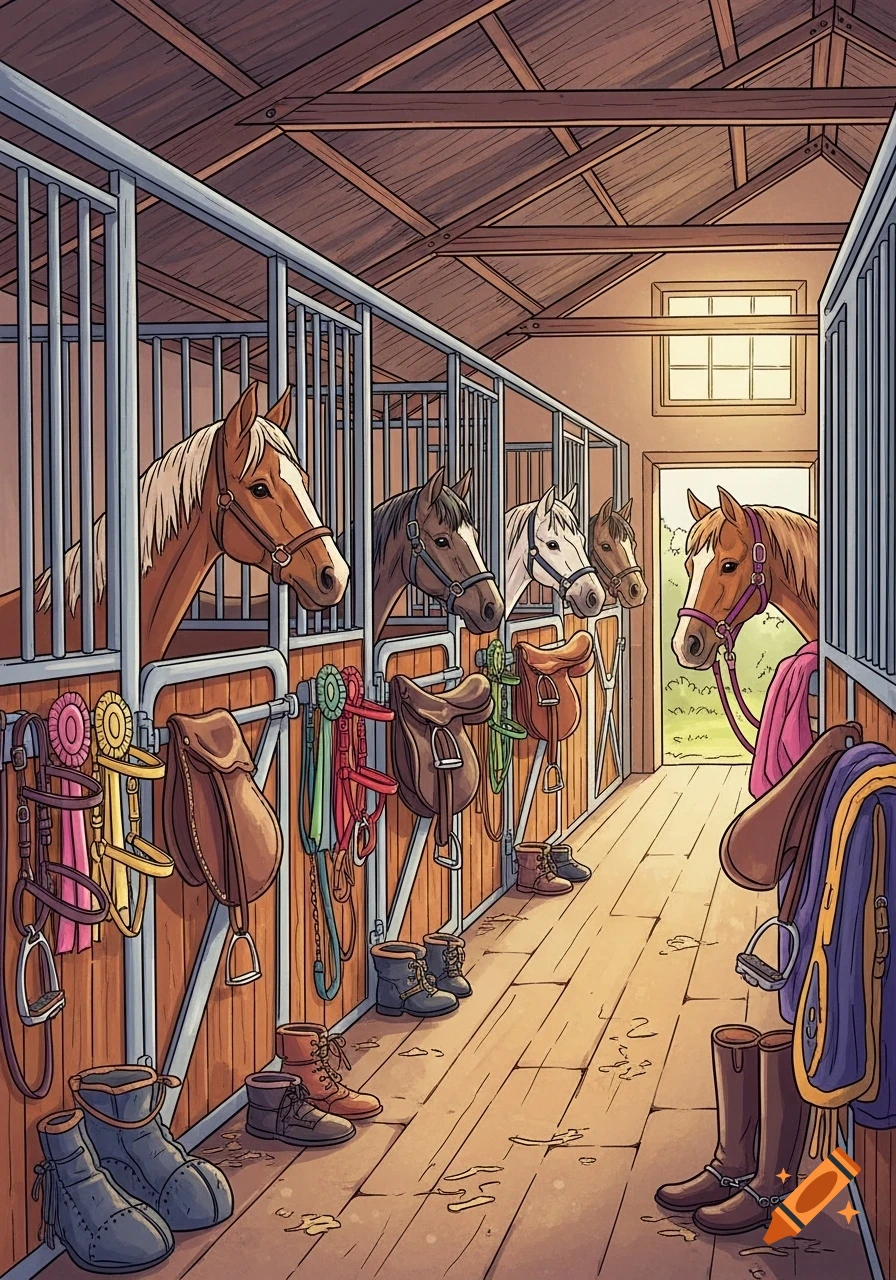 Cartoon illustration of a cozy horse stable with horses in stalls ...