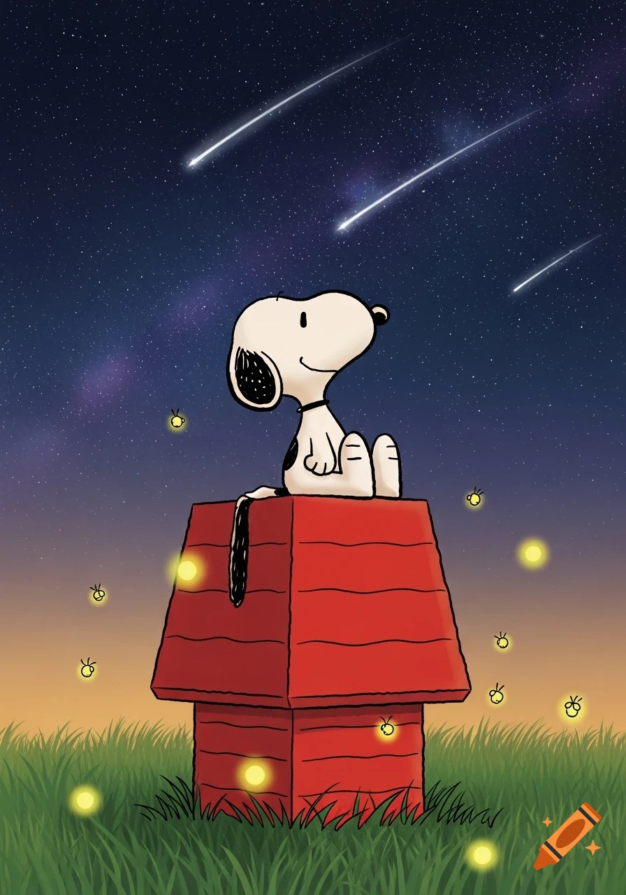 Snoopy sits on his red doghouse, gazing at shooting stars and fireflies ...