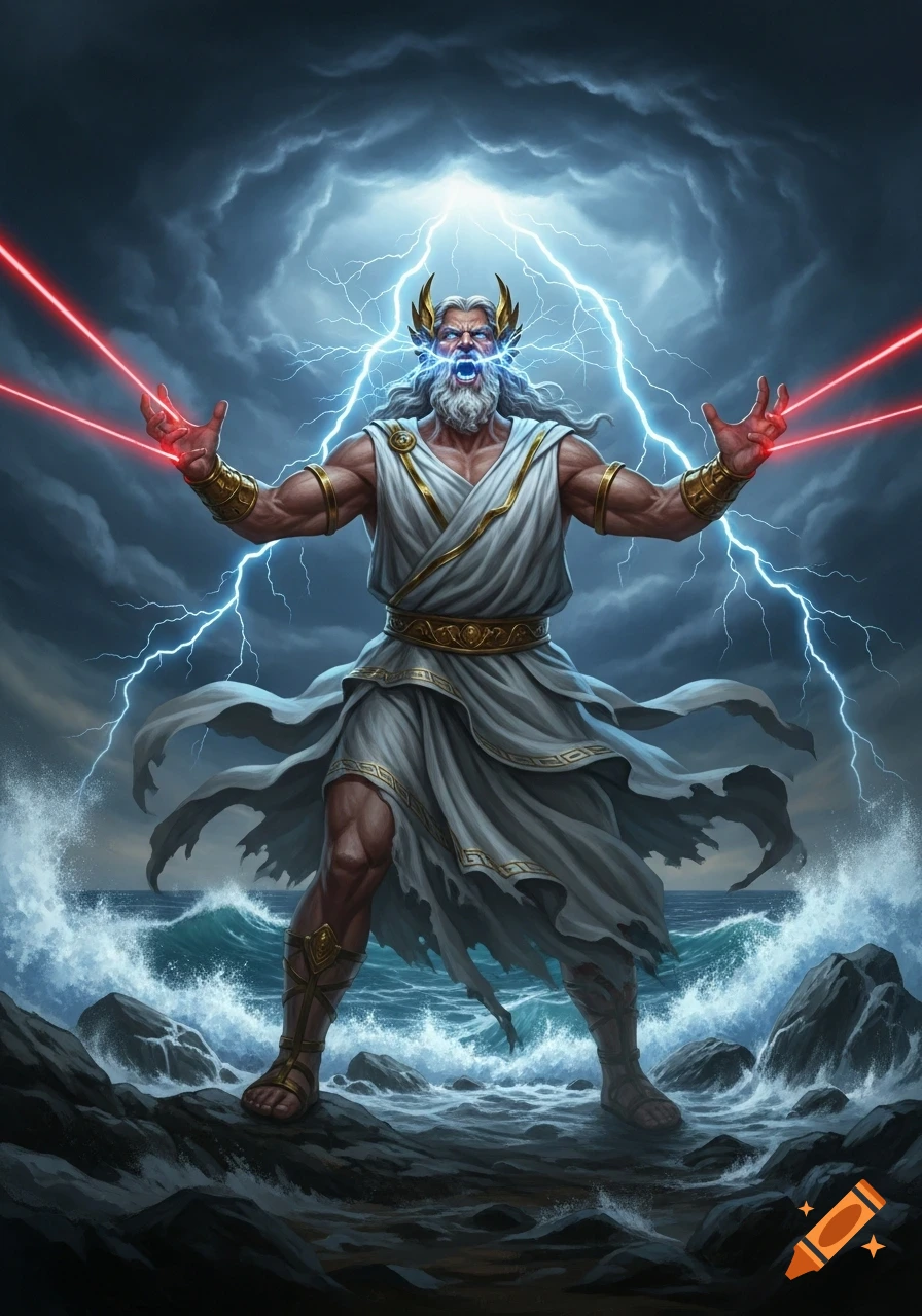 Powerful, angry Zeus stands on rocks in a stormy sea with lightning and ...