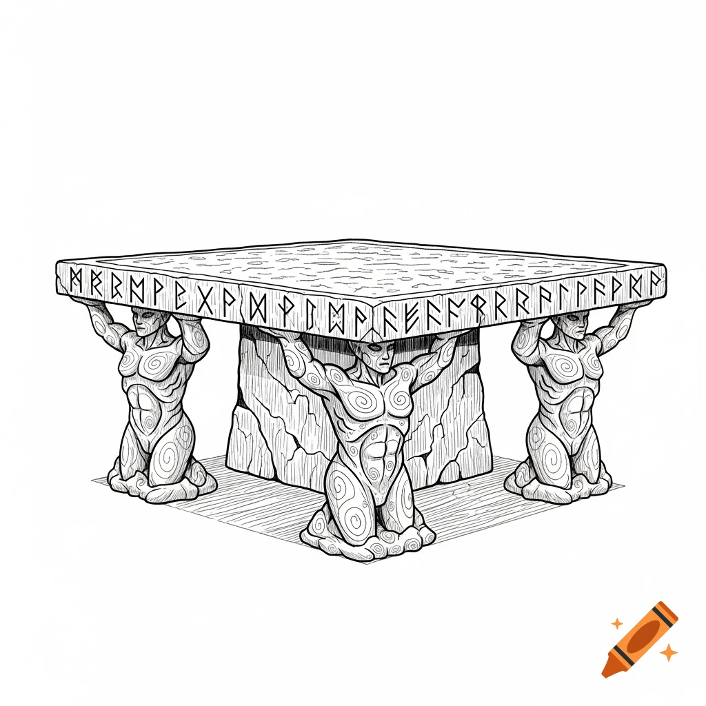 Line drawing of a stone table held up by three kneeling statues of ...