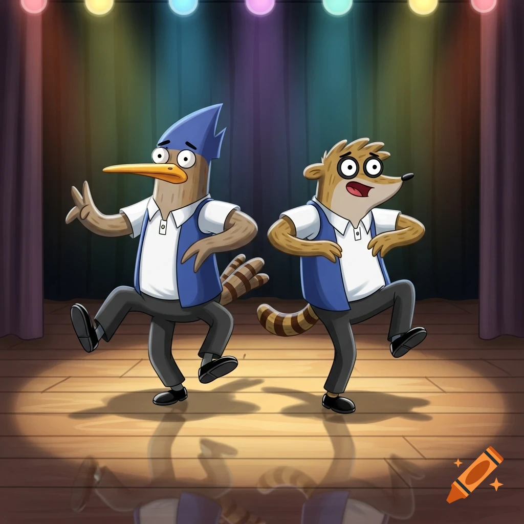 Mordecai and Rigby from Regular Show tap dancing on a spotlighted stage ...