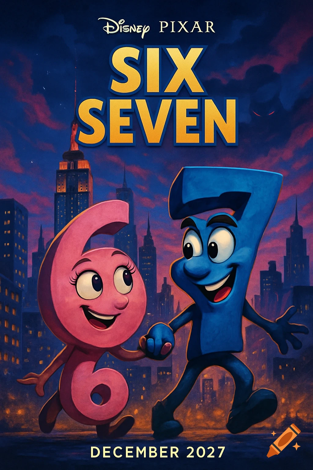 A Disney Pixar movie poster for 'Six Seven' showing a pink number 6 and ...