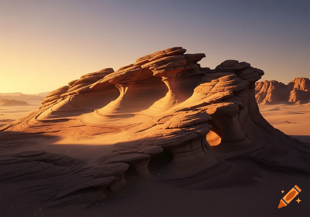 Photorealistic image of undulating sandstone formations in a golden ...