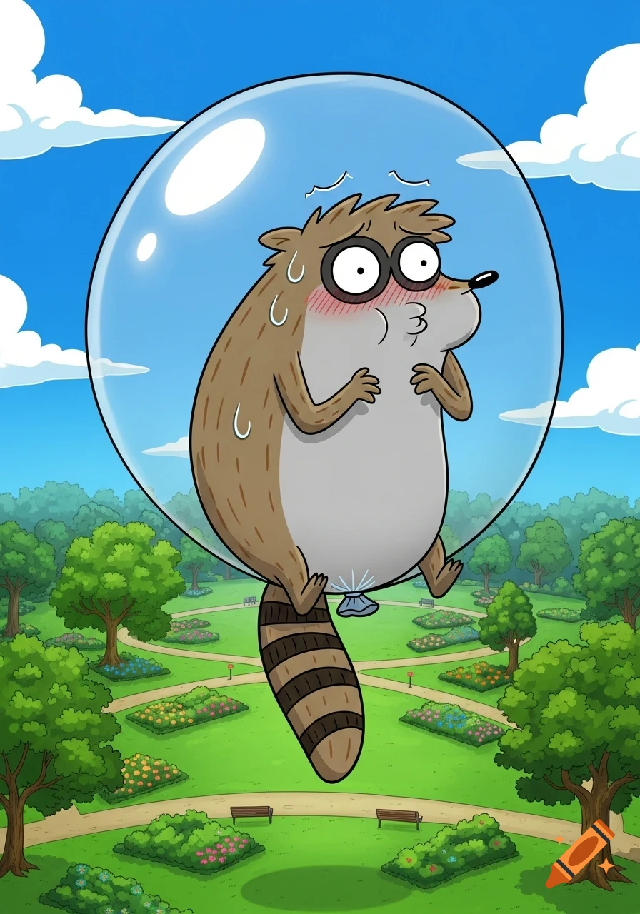 Rigby from Regular Show is inflated like a giant spherical balloon ...