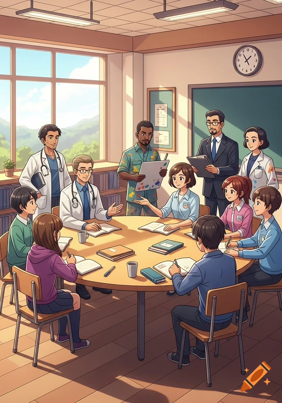 Anime-style illustration of students and professionals, including ...