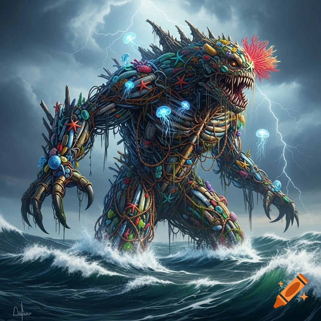 A monstrous creature made of ocean trash and sea life, with starfish ...