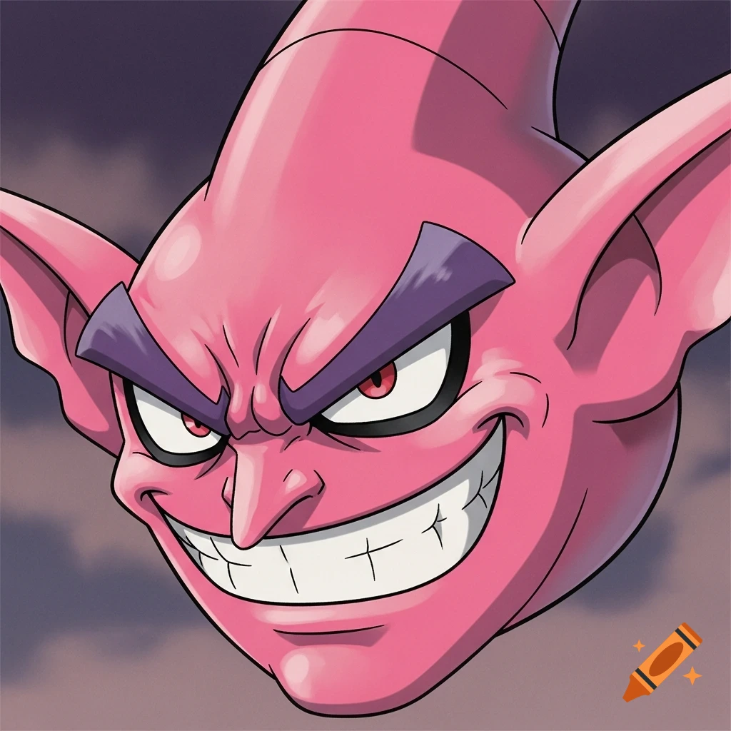 A close-up of a pink goblin-like character's face with a wide ...