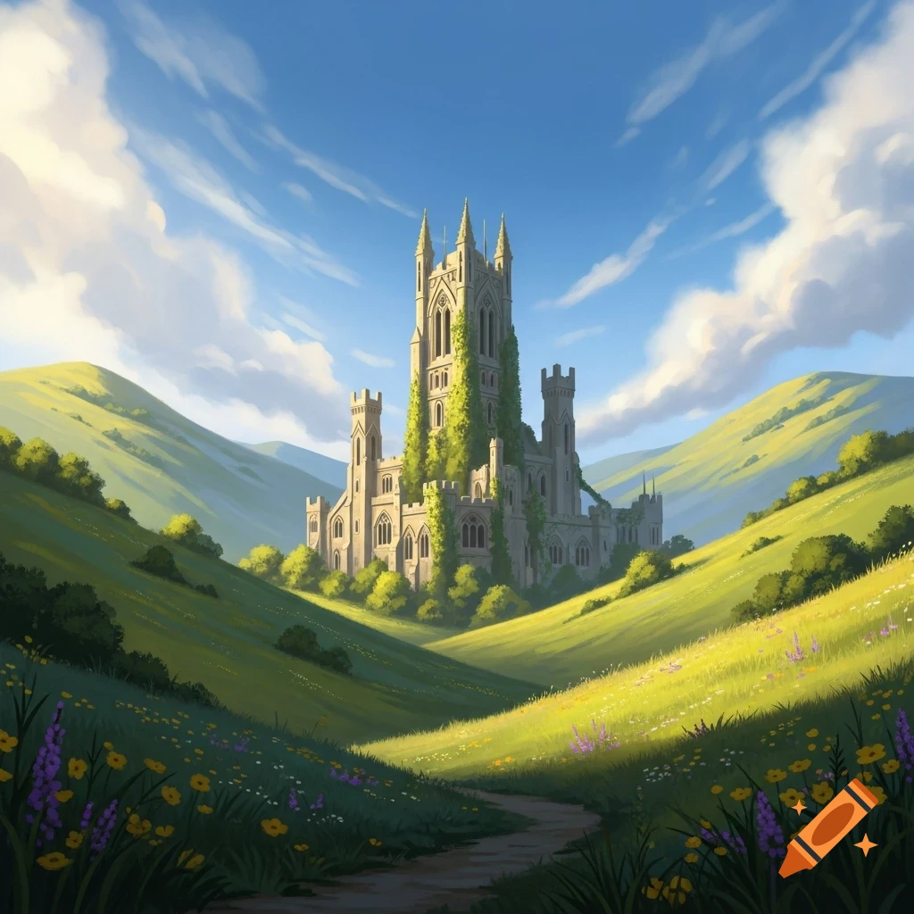 A majestic, overgrown gothic castle sits in a lush green valley with a ...
