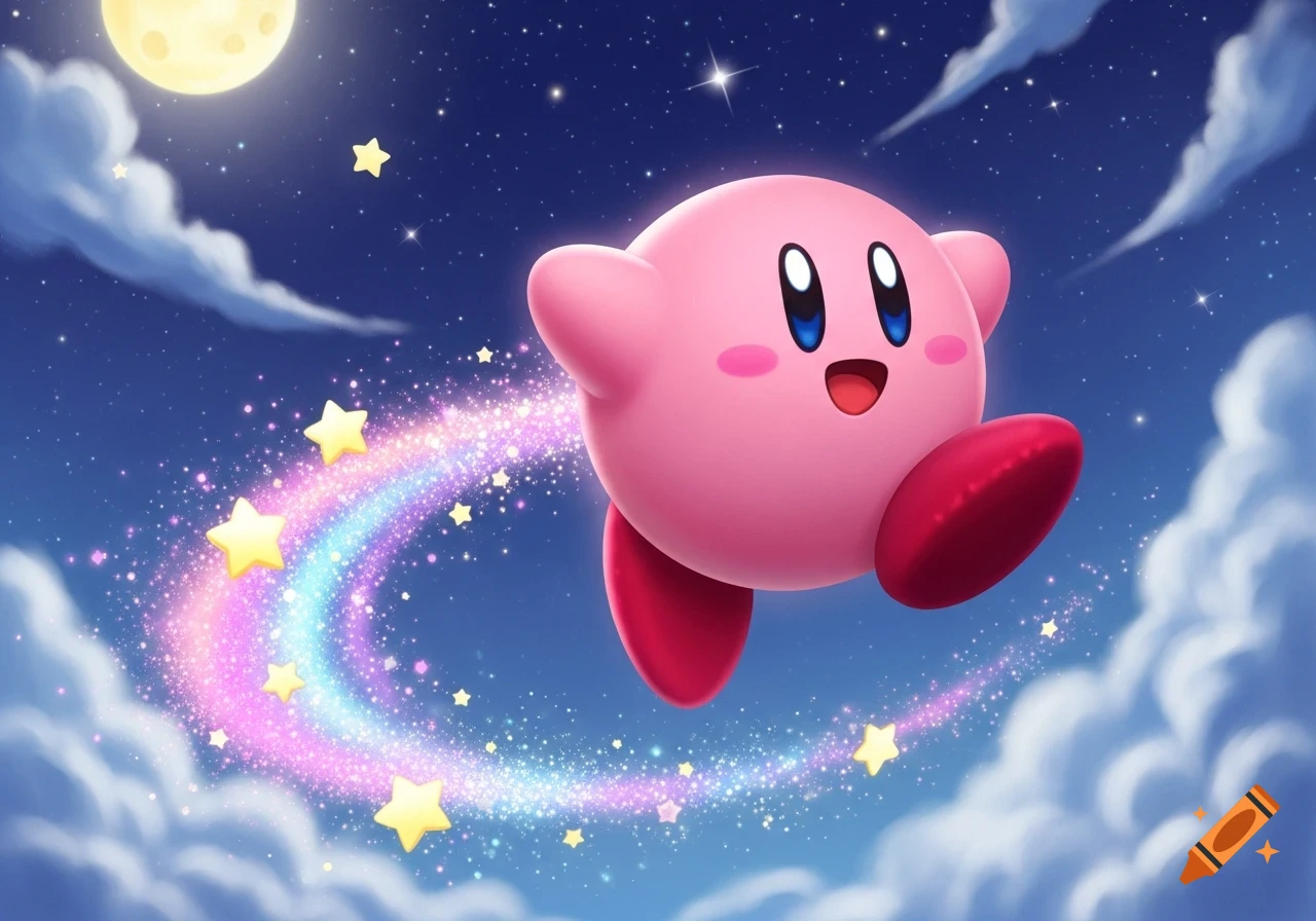 Pink Kirby with rosy cheeks floats through a starry night sky, leaving ...