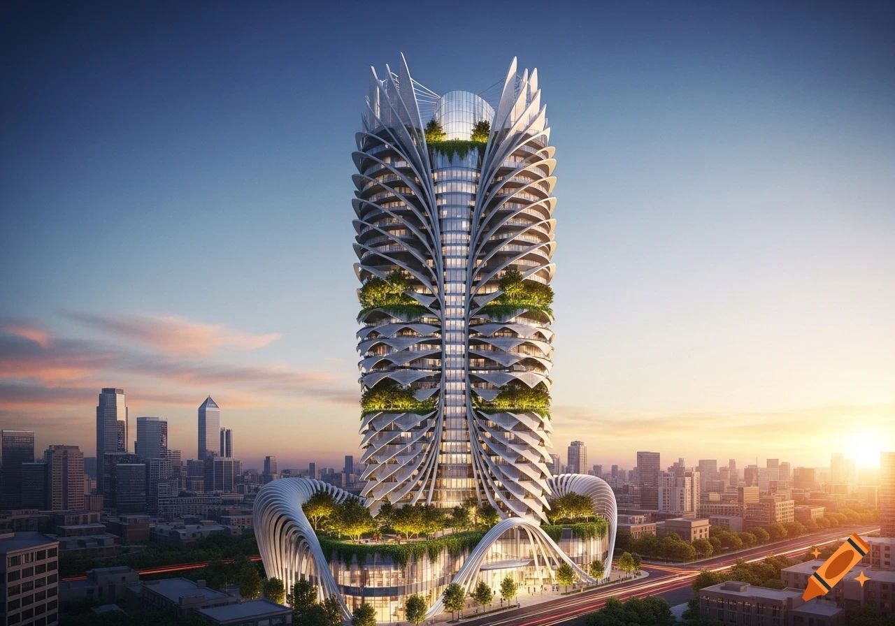 A tall, modern skyscraper with a unique pine cone-inspired design and ...